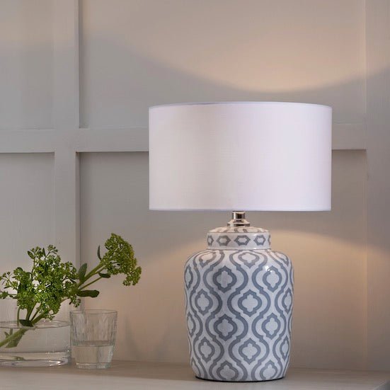 Celia Grey and White Pattern Ceramic Lamp - Ivory Shade – Duck Barn ...