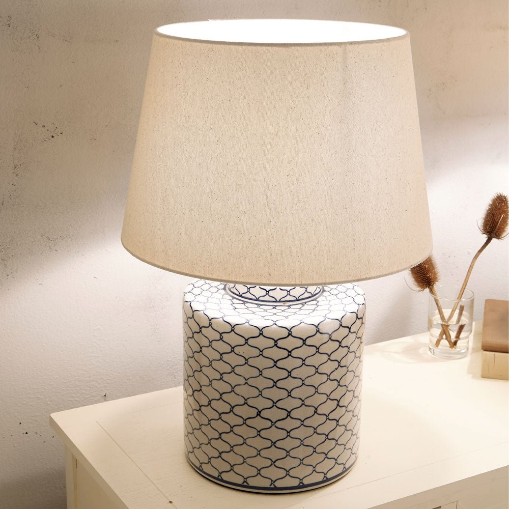 Grey and Blue Detail Ceramic Table Lamp with Shade – Duck Barn Interiors