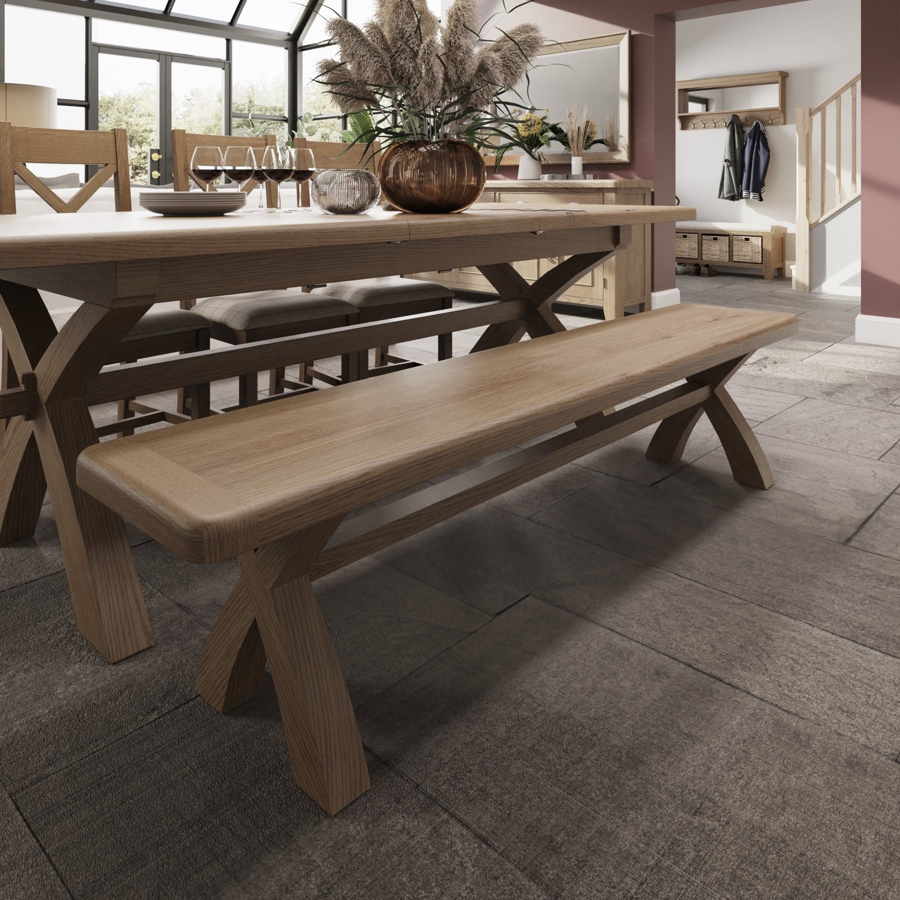 Rusper Oak Cross Leg Dining Bench - 2m – Duck Barn Interiors