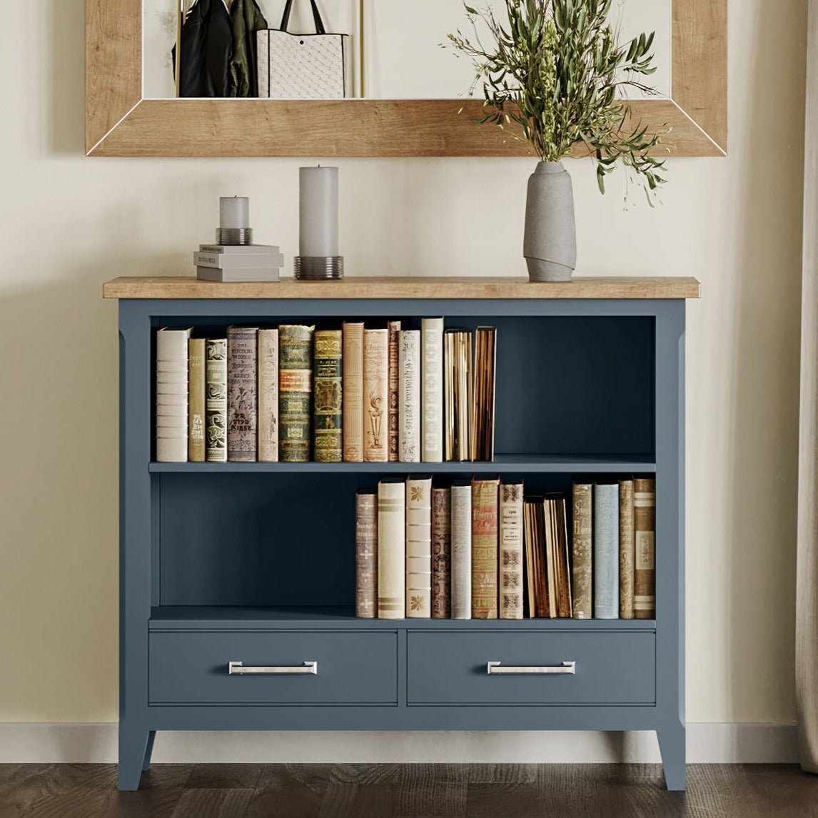 Signature Blue Low Bookcase – Duck Barn Interiors