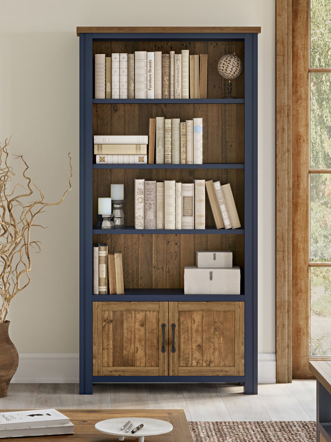 Splash of Blue Large Open Bookcase with Cupboard – Duck Barn Interiors